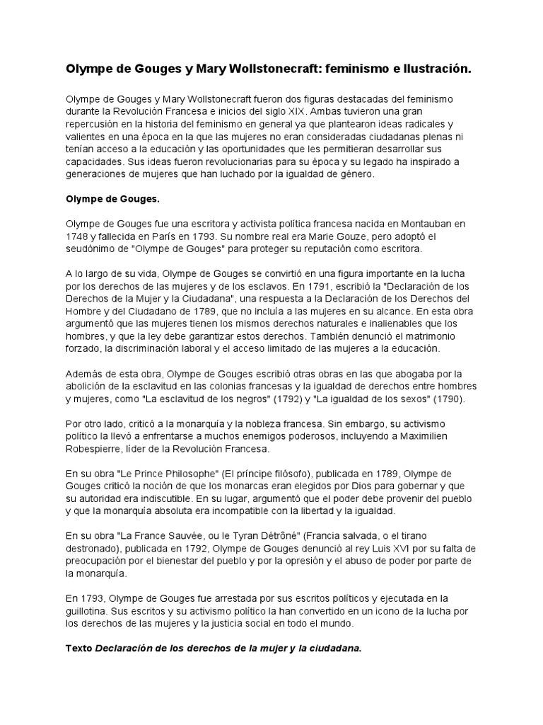 Olympe de Gouges y Mary Wollstonecraft | PDF | Mary Wollstonecraft ...