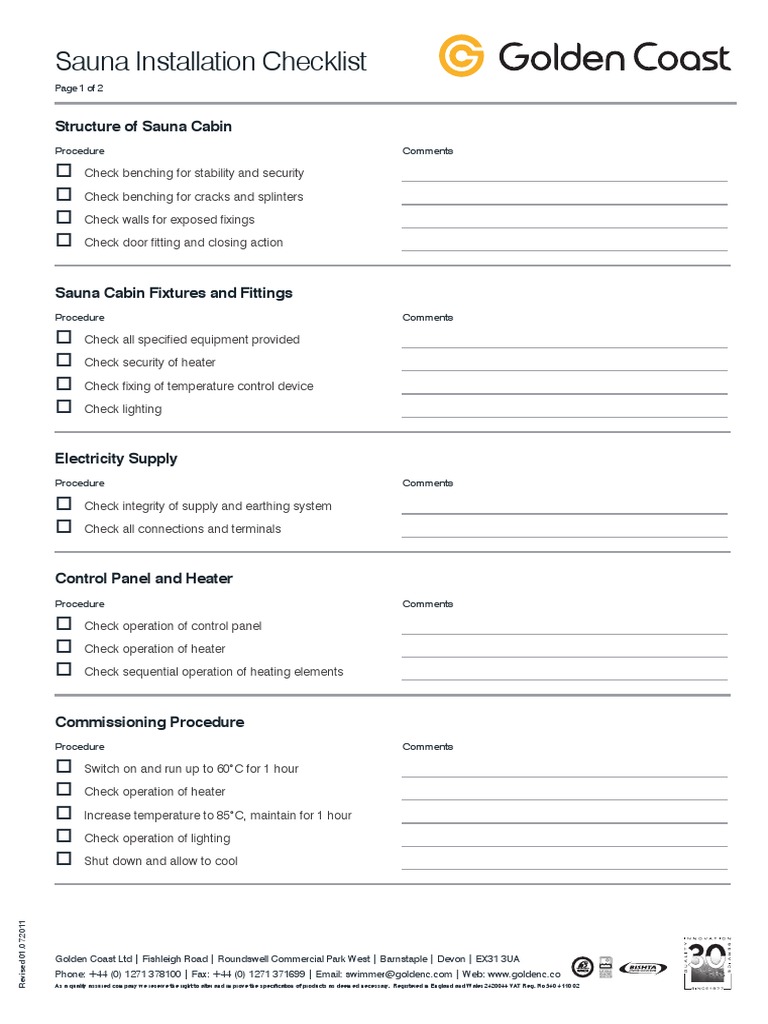 Sauna Installation Checklist | PDF | Manufactured Goods | Electrical ...
