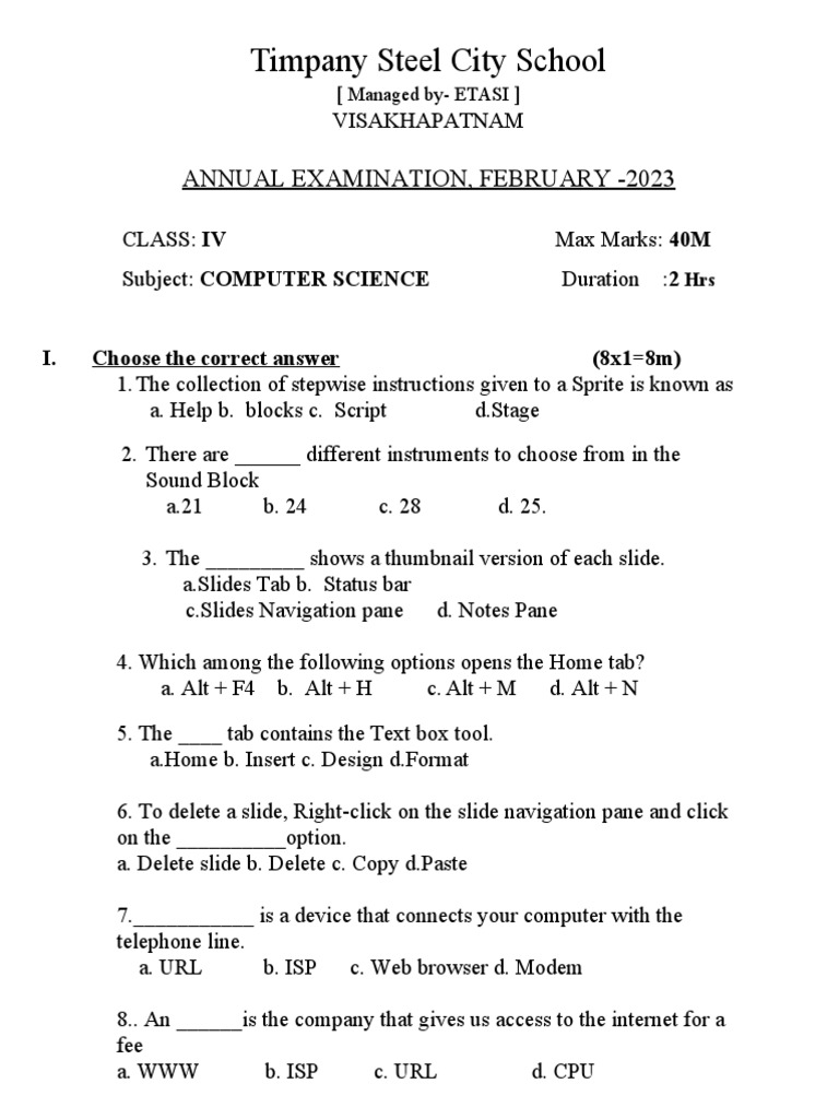 Timpany Steel City School: Annual Examination, February - 2023 | PDF ...