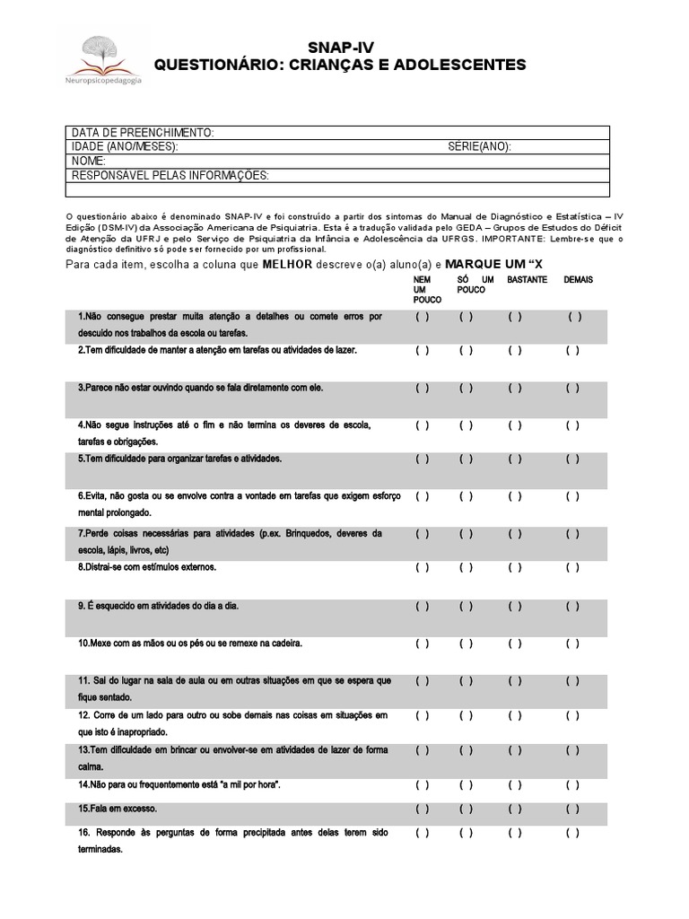 Questionário SNAP-IV para TDAH Infantil | PDF | Adolescência