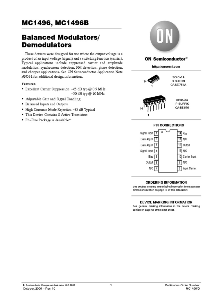 MC1496, MC1496B Balanced Modulators/ Demodulators: SOIC 14 D Suffix CASE 751A | PDF | Amplifier ...