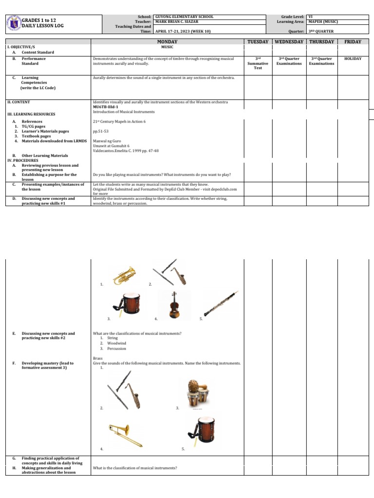 DLL - Mapeh 6 - Q3 - W10 | PDF | Musical Instruments | Learning