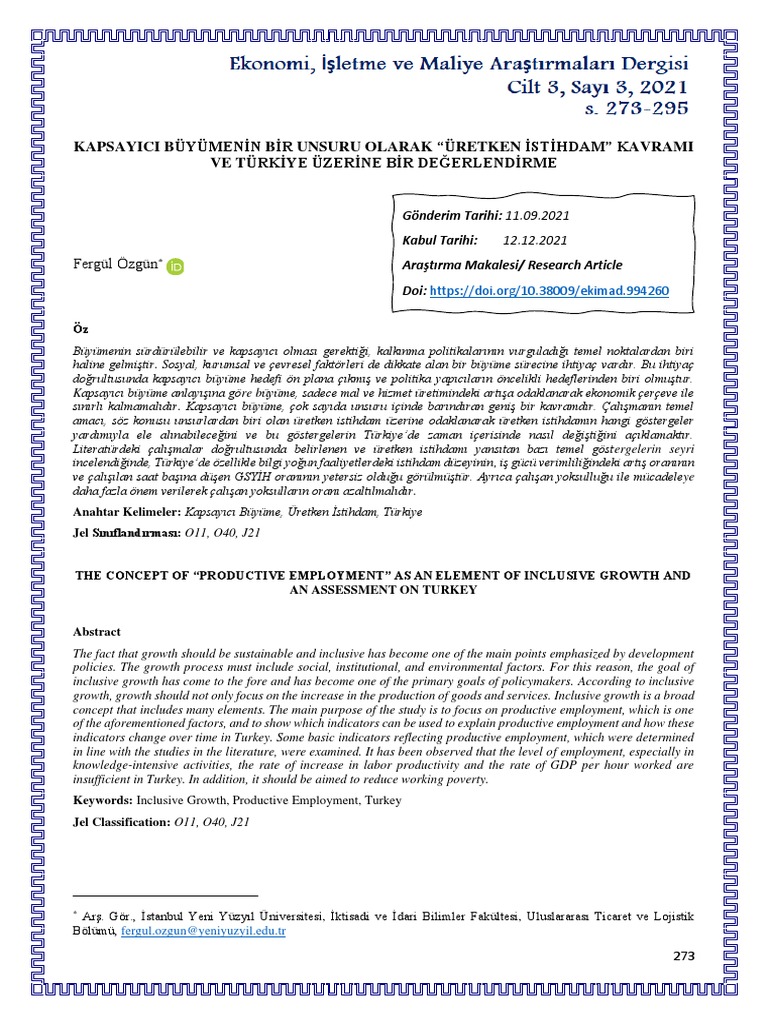 Kapsayici Büyümeni̇n Bi̇r Unsuru Olarak "Üretken İsti̇hdam" Kavrami Ve ...