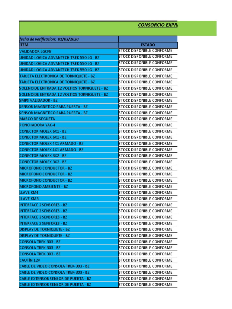 Reporte de inventario del consorcio Express 8 con estado y detalles de ...