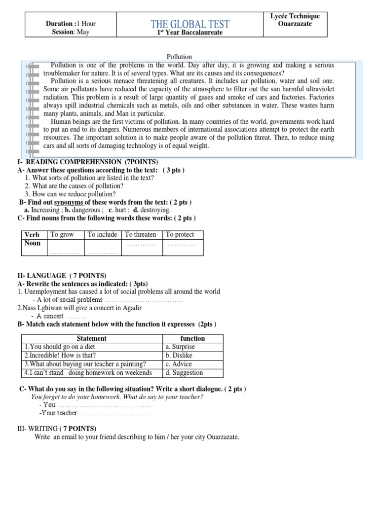 1st Year Bac Test 01 Pdf Pollution Atmosphere Of Earth