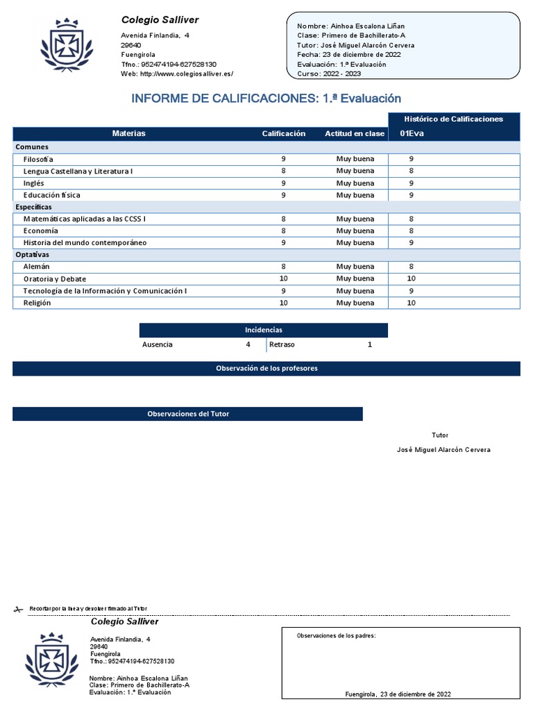 Informe de Calificaciones: 1. Evaluación: Colegio Salliver | PDF
