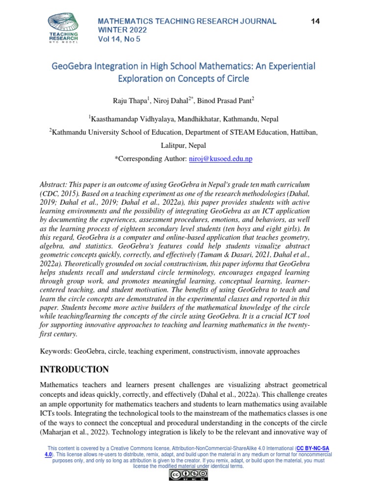 Geogebra Integration in High School Mathematics: An Experiential Exploration On Concepts of ...