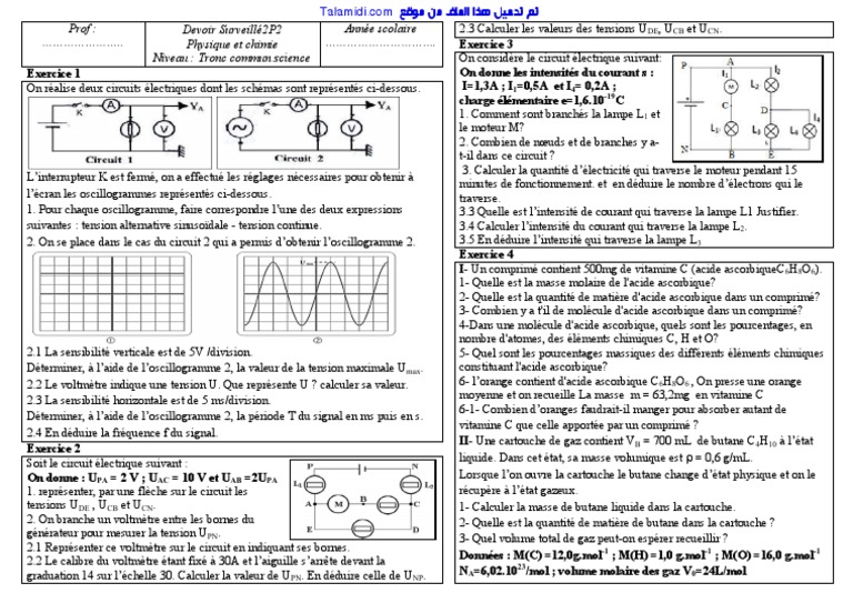 Devoir 2 Modele 9 Physique Chimie TC Semestre 2 1 | PDF | Tension électrique | Réseau électrique