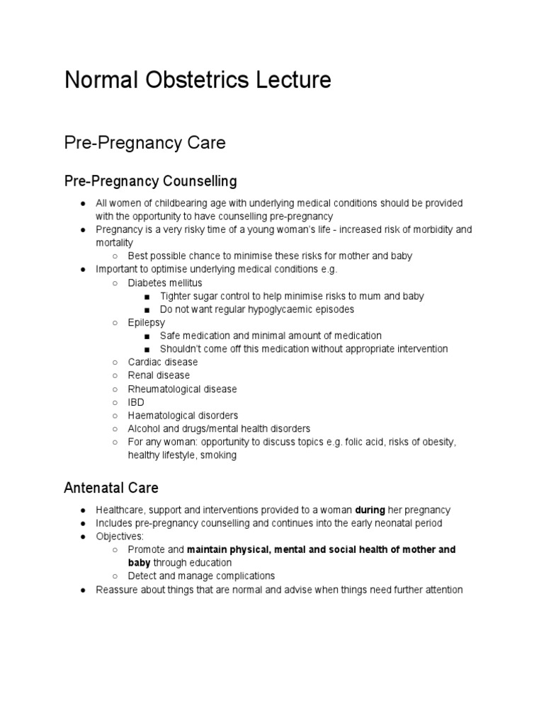 Normal Obstetrics Lecture: Pre-Pregnancy Care | PDF | Childbirth | Pregnancy