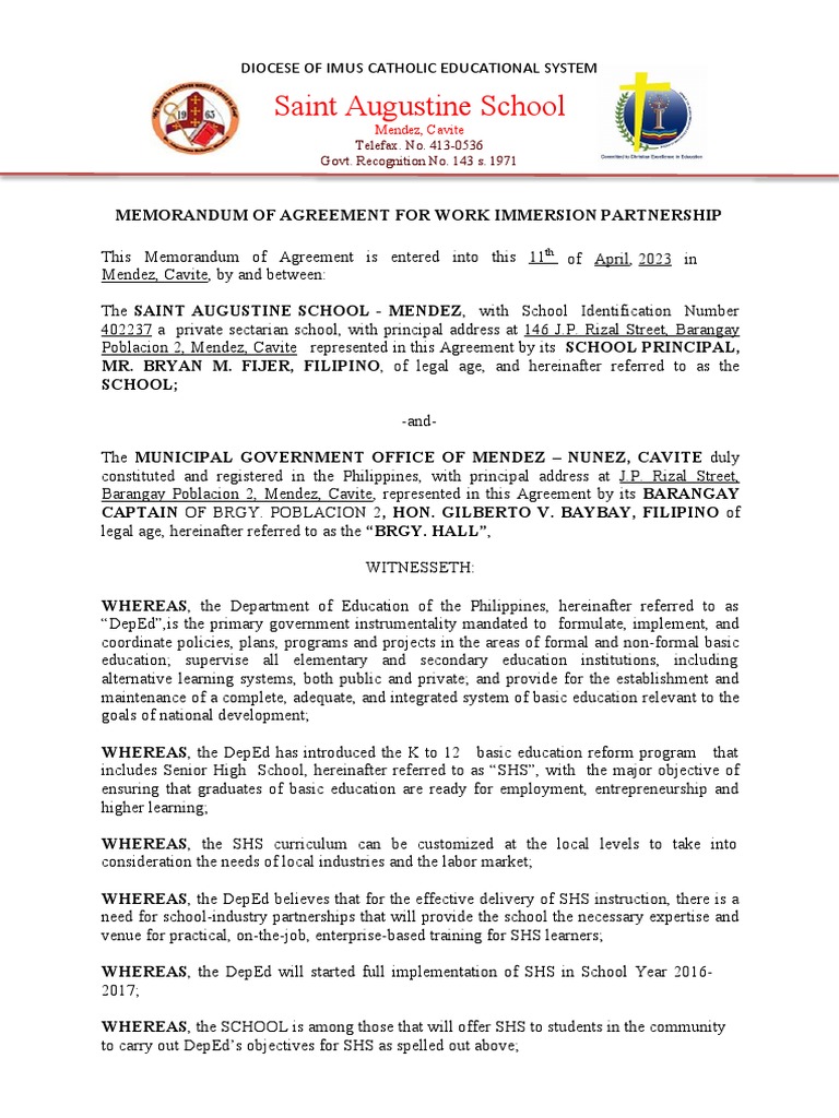 MOA Work Immersion 2023 To BRGY POB 2 | PDF | Legal Liability | Employment