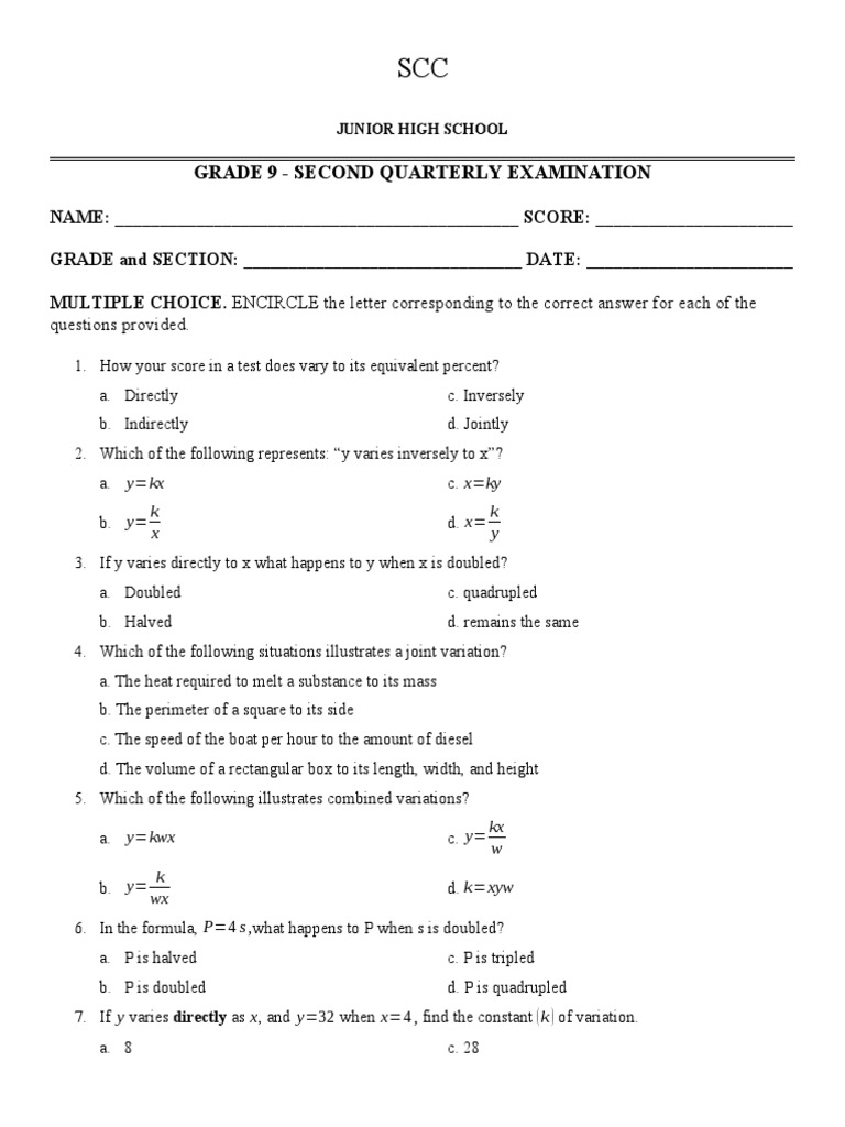 Grade 9 - Mathematics - Second Quarter Examination | PDF | Physics ...