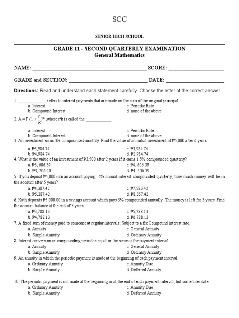 Grade 11 General Mathematics Exam | PDF | Stocks | Interest