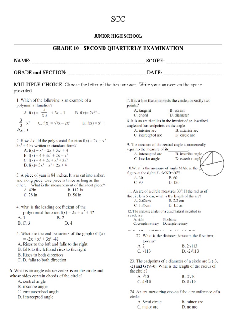GRADE 10 - Mathematics - Second Quarterly Examination | PDF