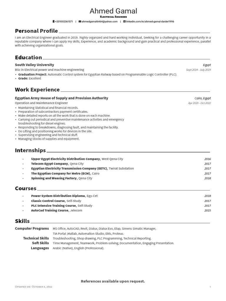 Electrical Engineer Seeking New Challenges: Ahmed Gamal's Resume ...