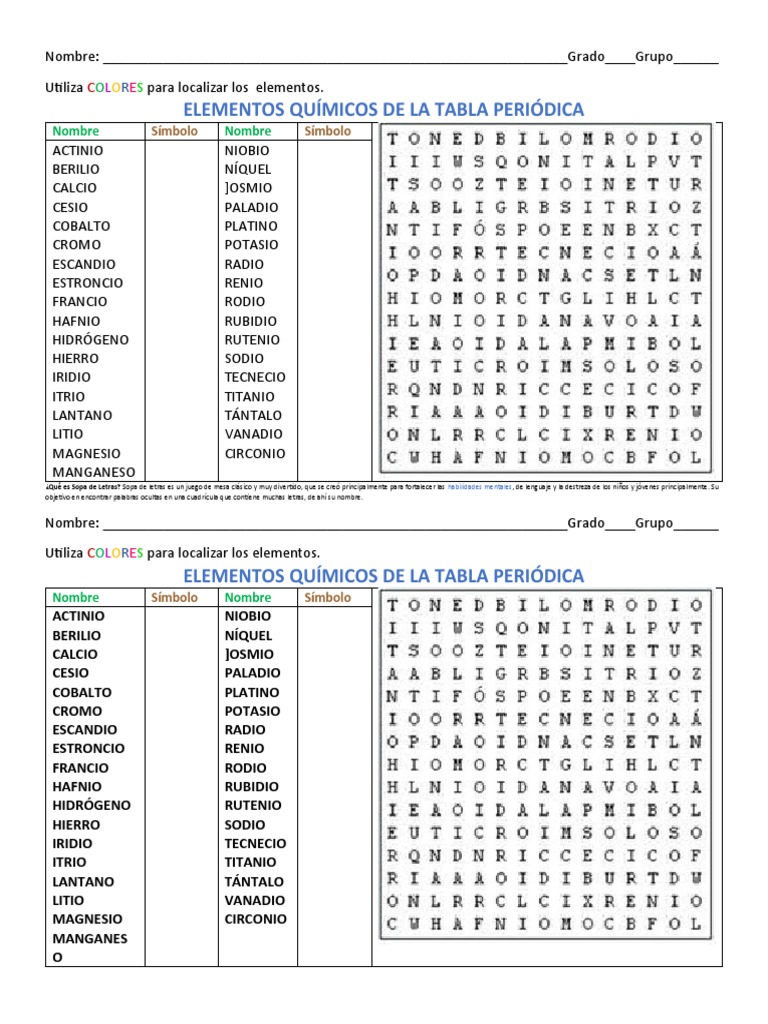 Sopa de Letras: Elementos Químicos | PDF | Platino | Tabla periódica