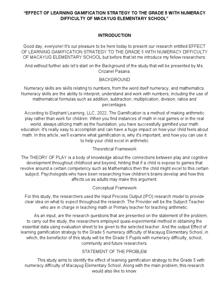 Effect of Learning Gamification Strategy To The Grade 5 With Numeracy ...