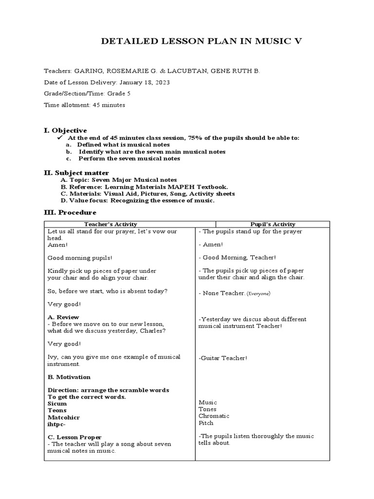 Detailed Lesson Plan in Music V: I. Objective | PDF | Pitch (Music ...