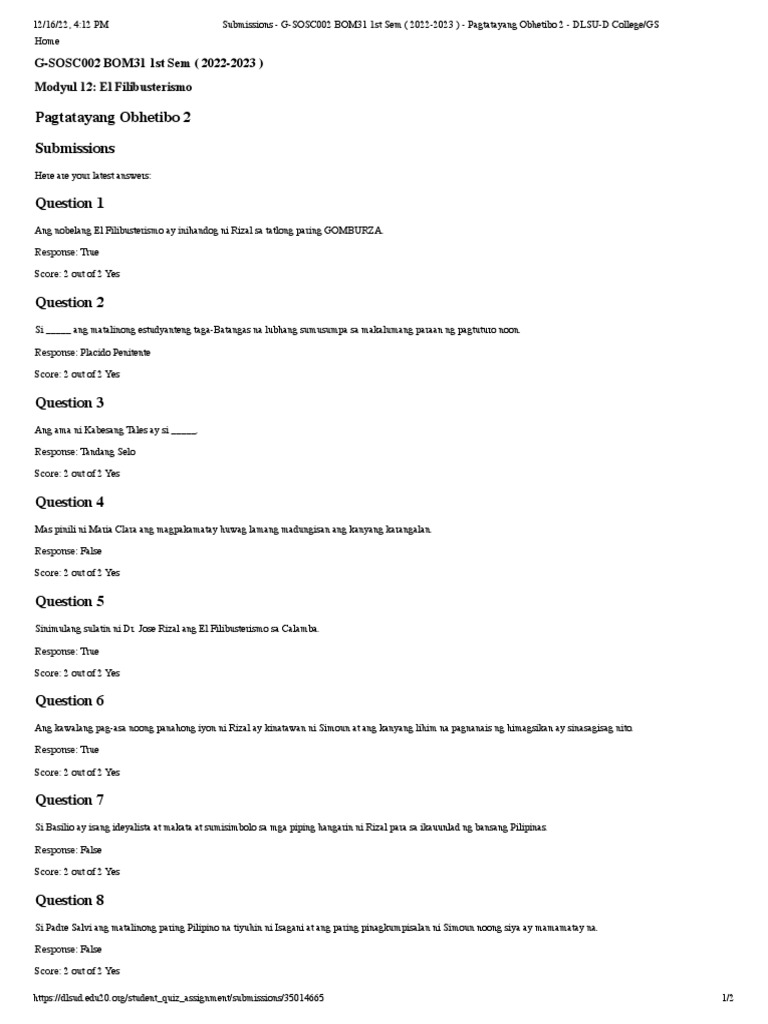 Obra Rizal Pagtatayang Obhetibo 2 | PDF