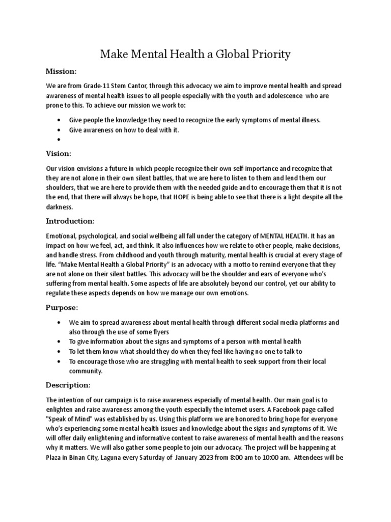 Make Mental Health A Global Priority Concept Paper | PDF | Mental Disorder | Facebook