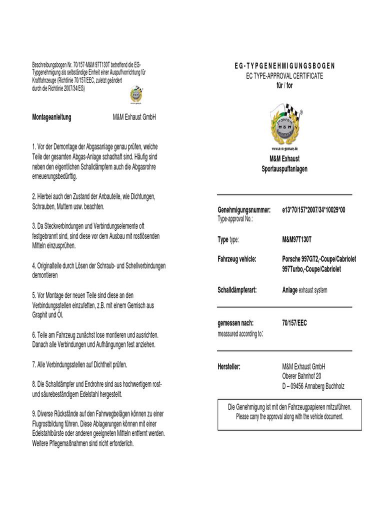 EG Typengenehmigung M&M97T130T | PDF