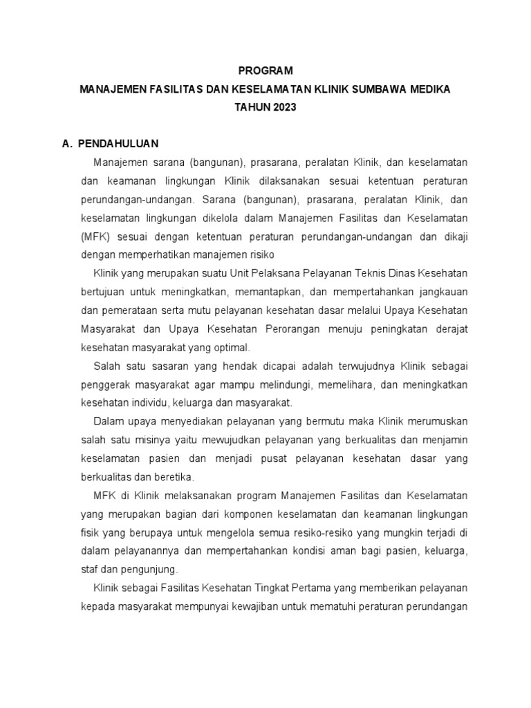 Program Manajemen Fasilitas Dan Keselamatan Klinik Sumbawa Medika TAHUN 2023 A. Pendahuluan ...
