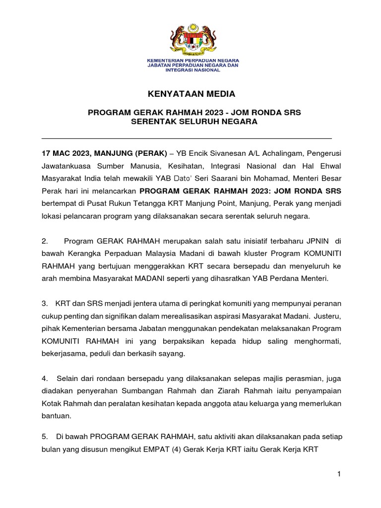 Kenyataan - Media - Program - Gerak - Rahmah - 2023 - Jom - Ronda TNL | PDF