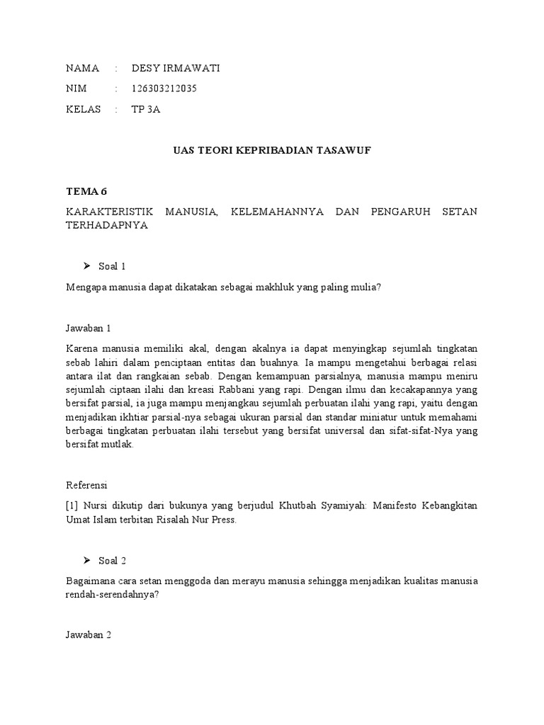 Desy Irmawati - 126303212035 - TP 3a - Uas Teori Kepribadian Tasawuf | PDF