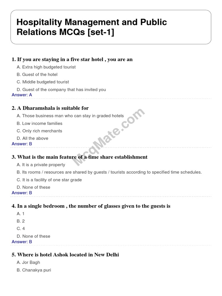 Hospitality Management and Public Relations Solved MCQs (Set-1) | PDF ...