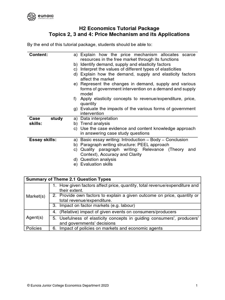 H2 Economics Tutorial Package Topics 2, 3 and 4: Price Mechanism and ...