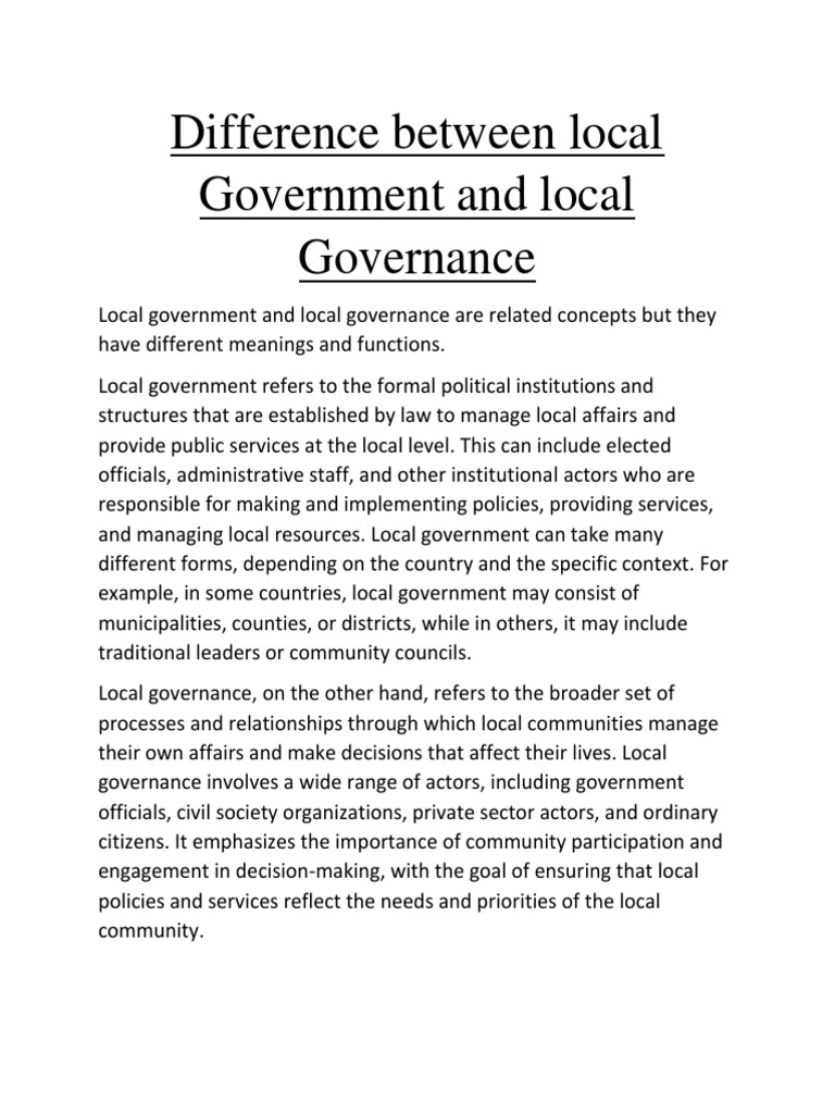 Difference Between Local Government and Local Governance | PDF ...