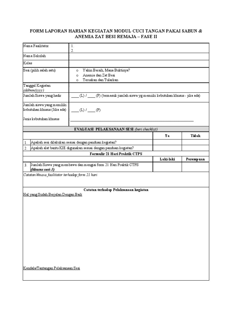 Form Laporan Harian Kegiatan Modul Cuci Tangan Pakai Sabun | PDF