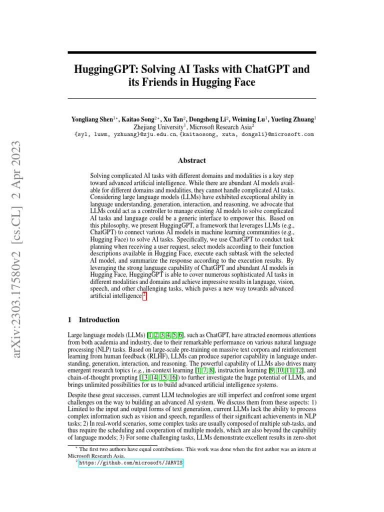 Hugginggpt: Solving Ai Tasks With Chatgpt and Its Friends in Hugging Face | PDF | Artificial ...