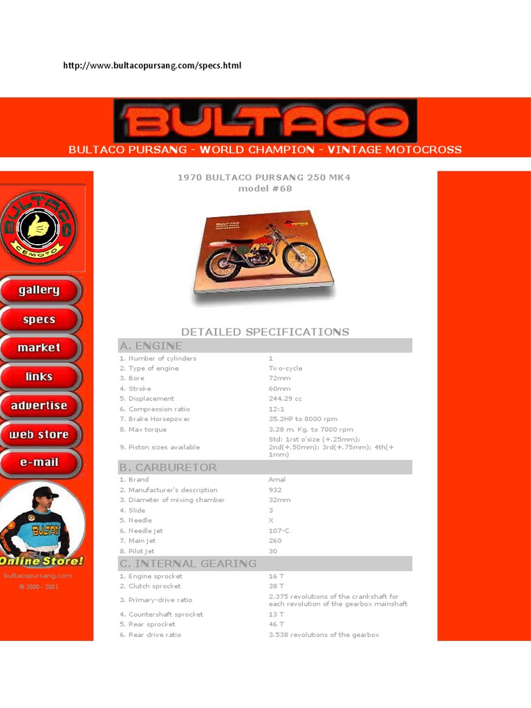 Bultaco Specs MK4 250cc | PDF | Horsepower | Automotive Technologies