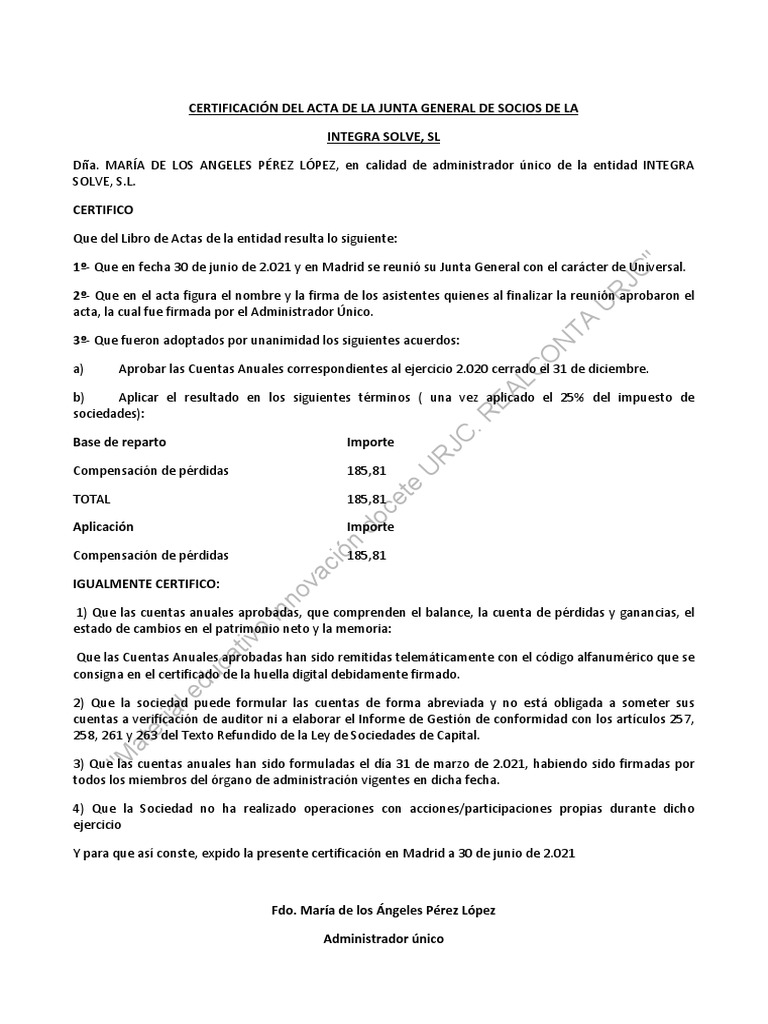 Acta Aprobación de Cuentas Integra Solve | PDF