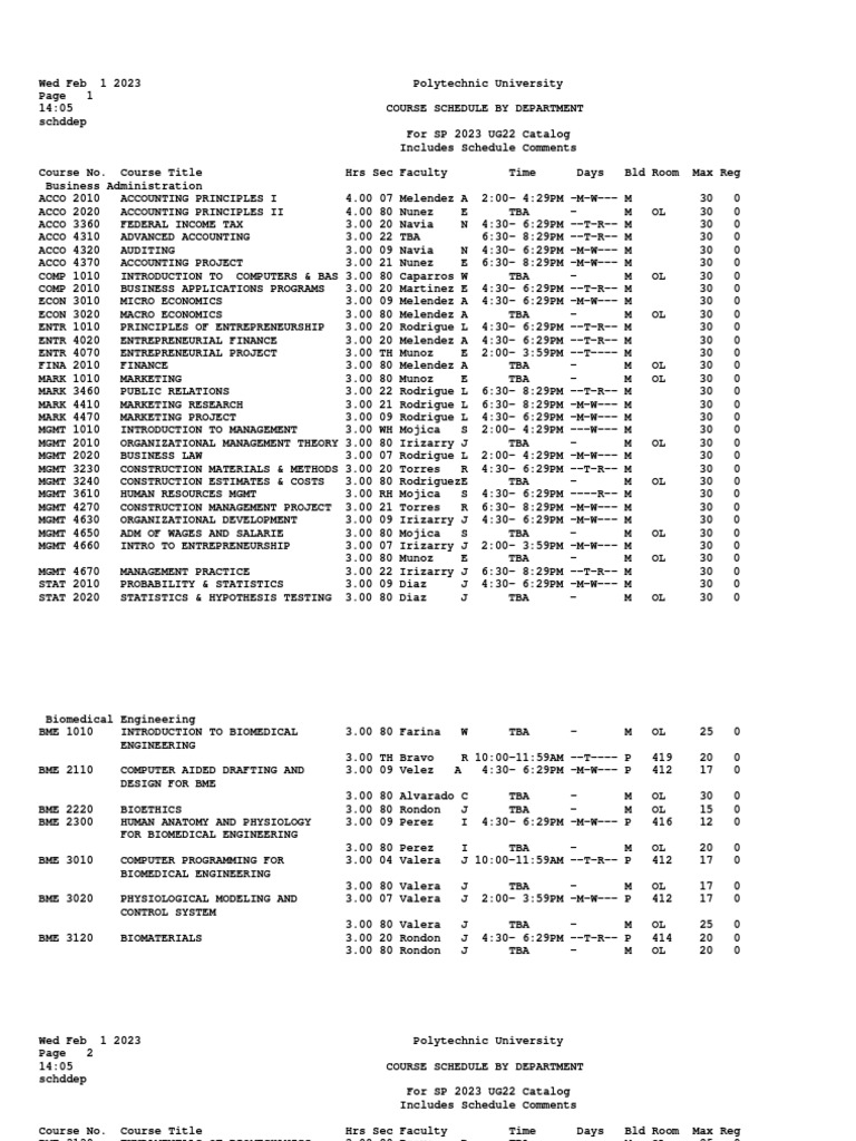 Spring 2023 Course Schedule Overview | PDF | Biomedical Engineering | Waste