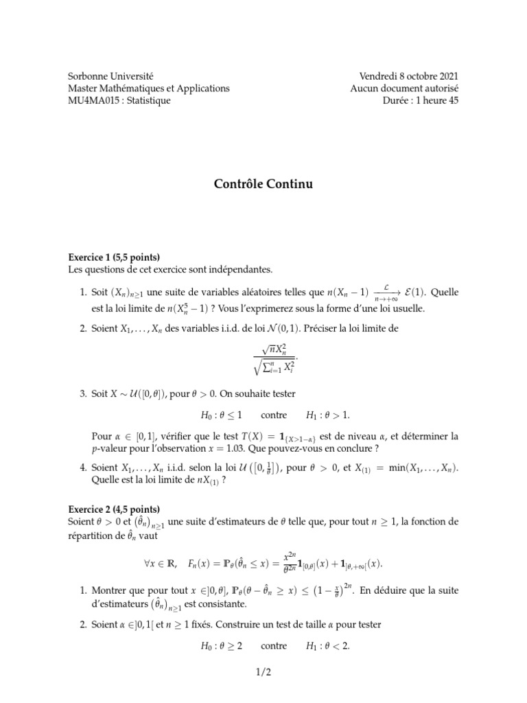 Contr Ole Continu: Exercice 1 (5,5 Points) | PDF | Méthodes et ...