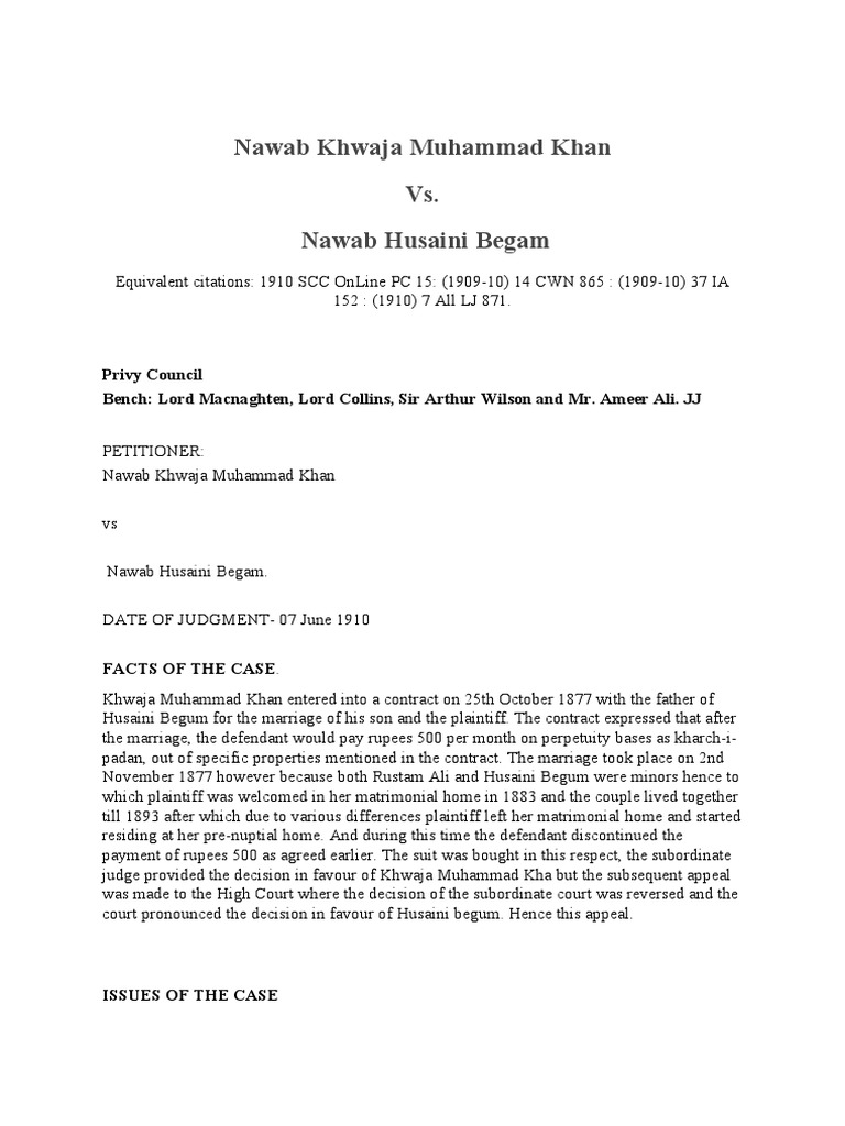 Khwaja Muhammad Khan v. Husaini Begum Case | PDF | Marriage | Lawsuit