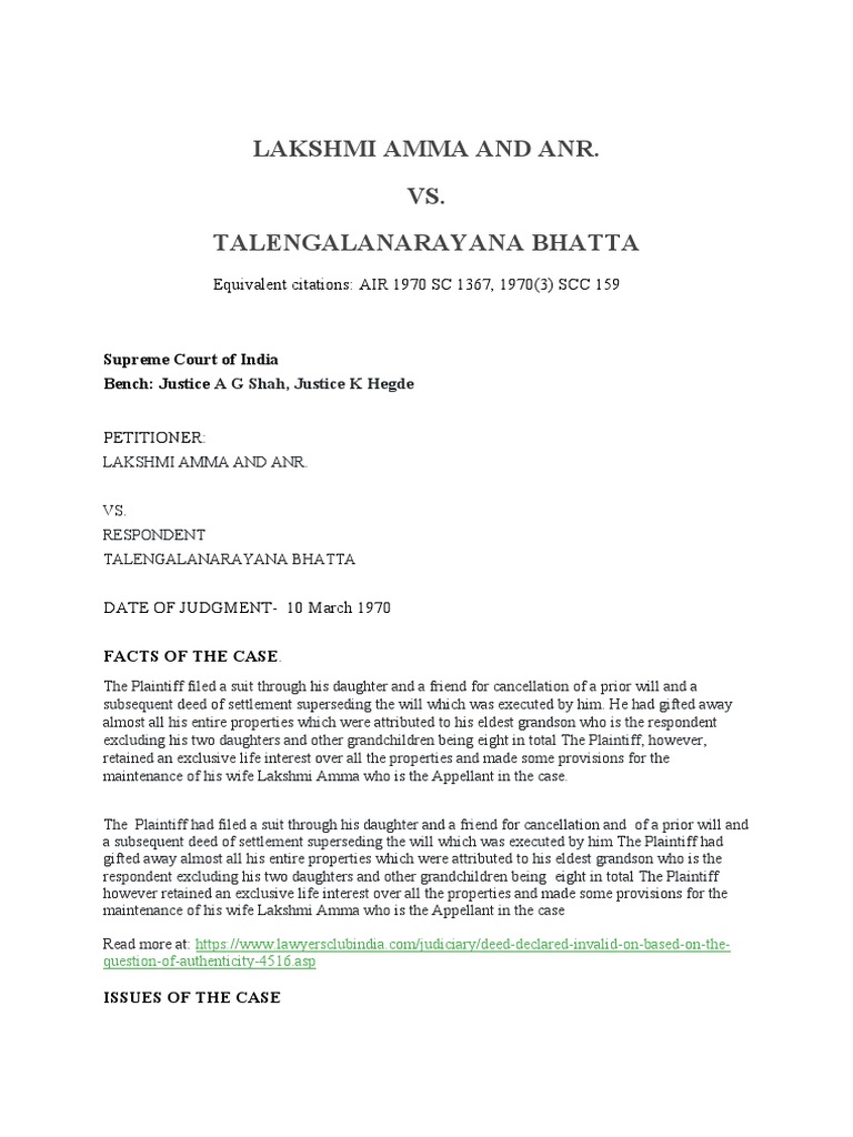 Lakshmi Amma and Anr. Vs Talengalanarayana Bhatta | PDF | Judgment (Law) | Lawsuit
