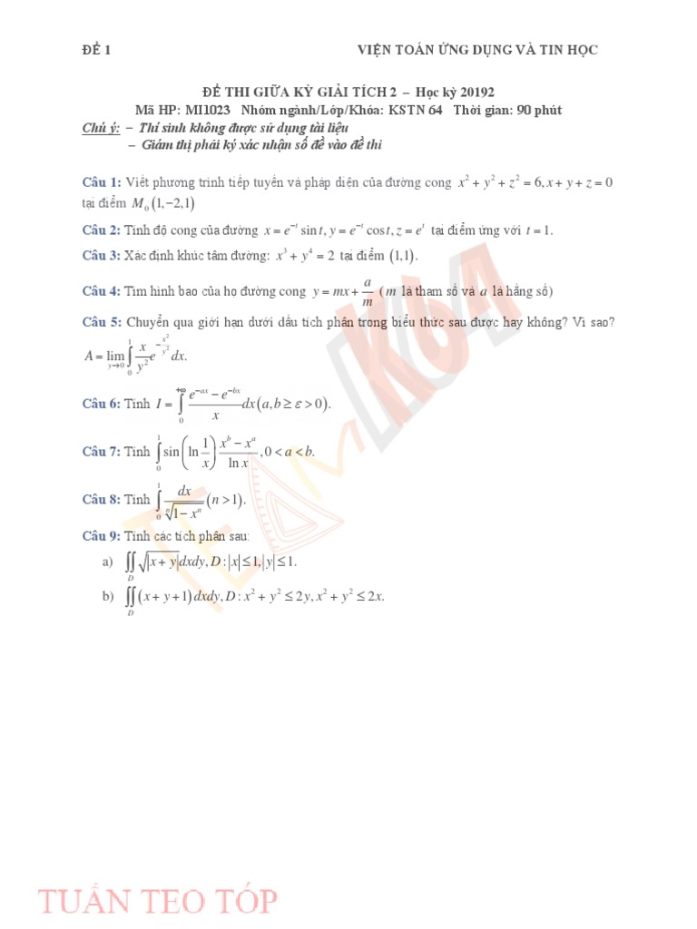 Một số đề thi GK CK GT2 KSTN các năm | PDF