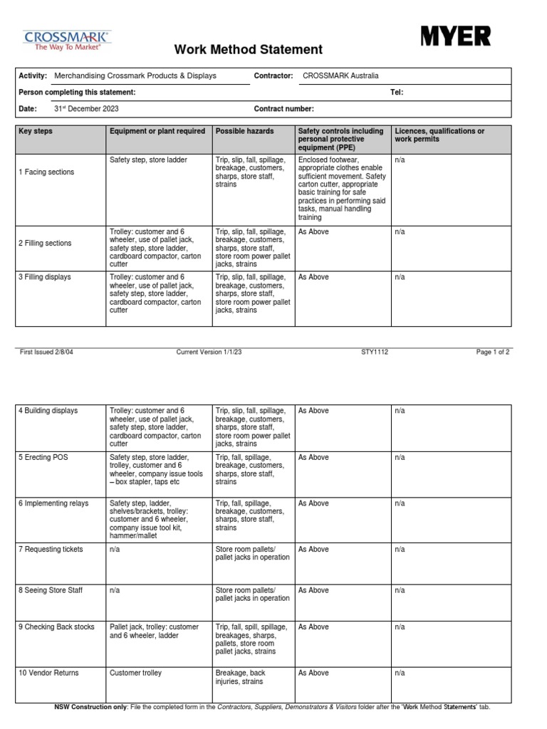 Myer Work Method Statement 2023 | PDF