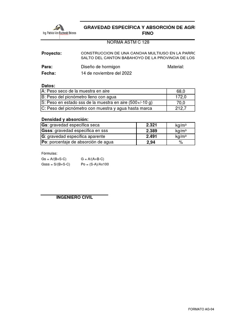 AG-04 ASTM C 128 Gravedad Especifica y Absorción de Agregado Fino | PDF