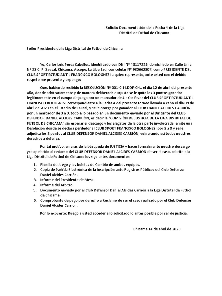 Solictud A La Liga | PDF