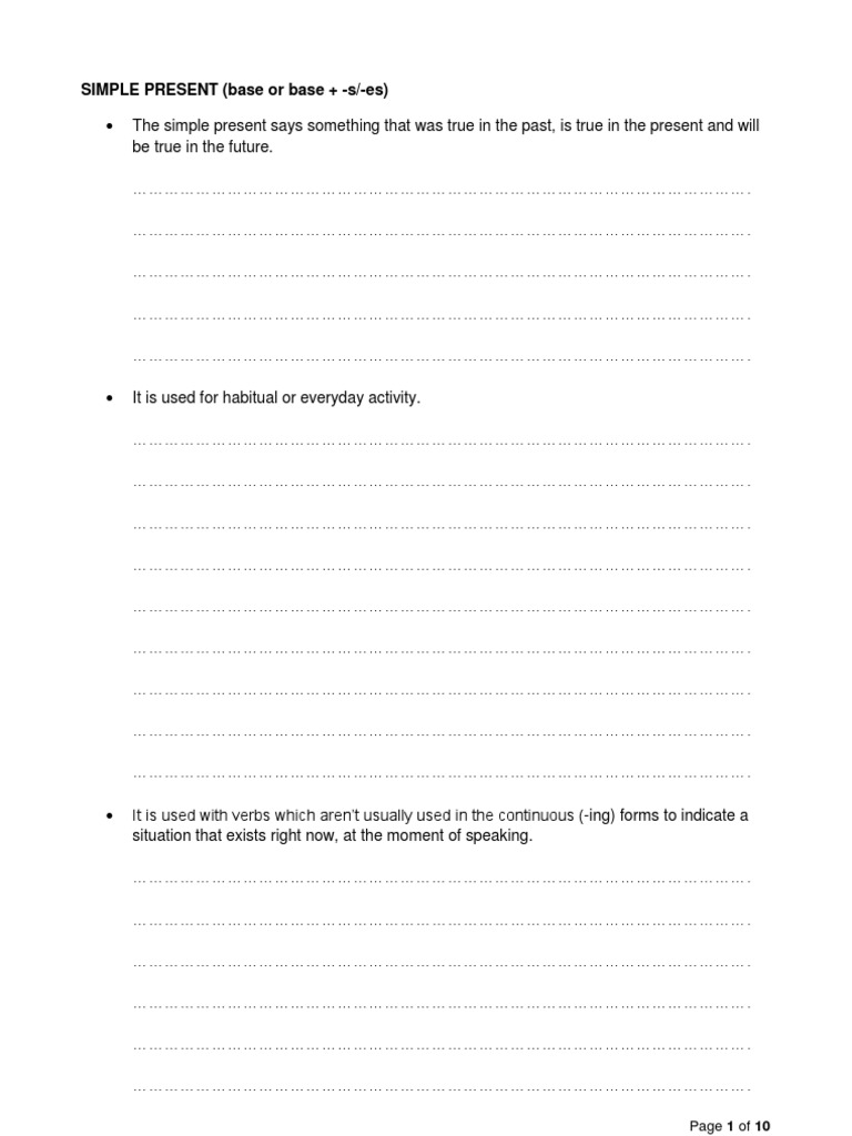 SIMPLE PRESENT (Base or Base + - S/-Es) : Page 1 of 10 | PDF | Ellipsis ...