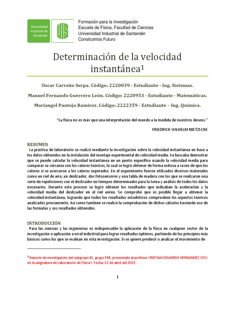 Determinación experimental de la velocidad instantánea mediante el cálculo de la velocidad ...