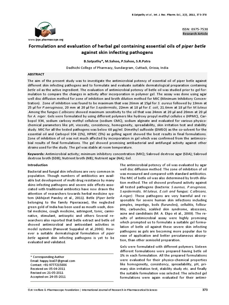 Formulation and Evaluation of Herbal Gel Containing Essential Oils of ...