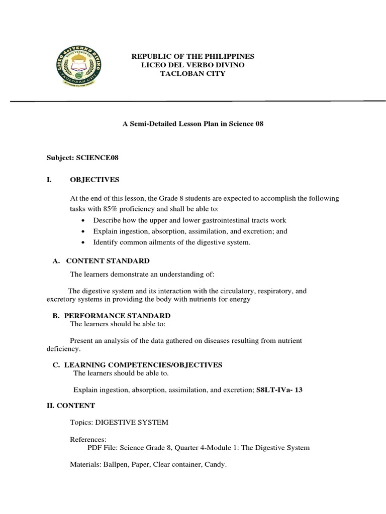 Semi-Detailed Lesson Plan - Science 8 | PDF | Digestion | Human ...