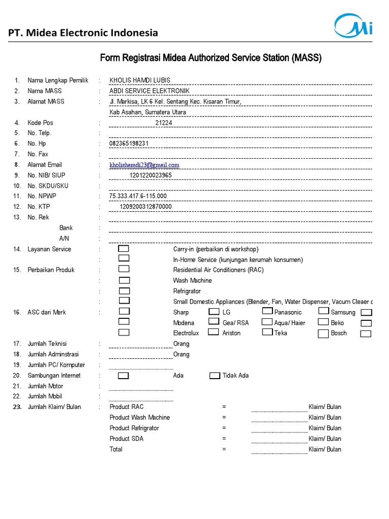 PT. Midea Electronic Indonesia: Form Registrasi Midea Authorized ...