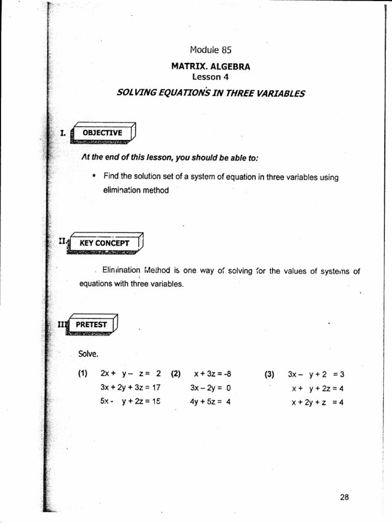 Module 85 Lesson 4 Solving Equations in Three Variables | PDF | Equations | Variable (Mathematics)