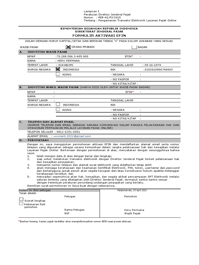 Formulir Aktivasi Efin HERU | PDF