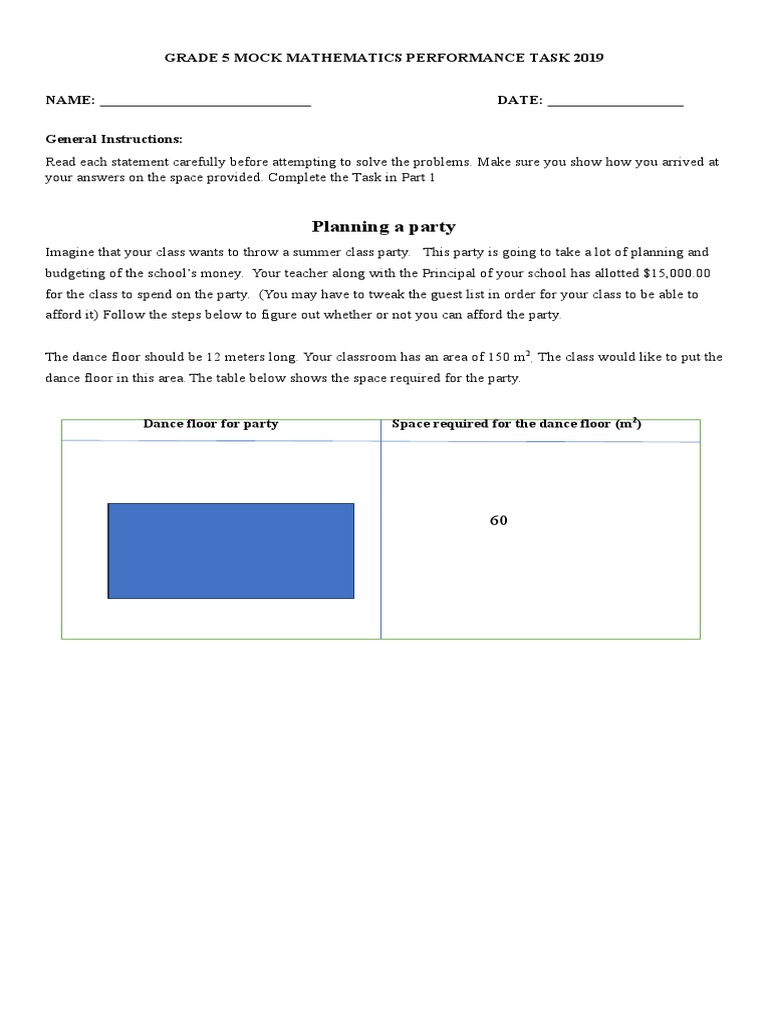Mathematics Mock Performance Task 2 Planning For A Party | PDF
